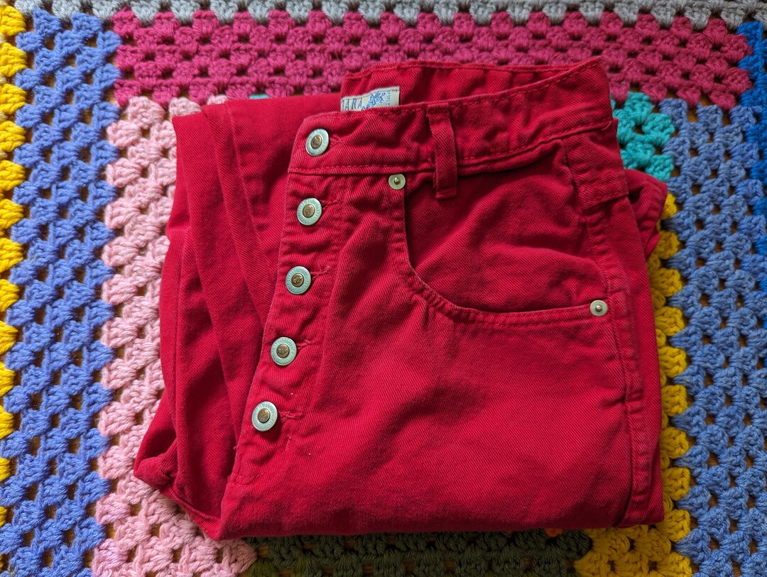Vintage 1990s Santa Barbara Red Button Fly Jeans - 27-27.5" Waist - 31 ...