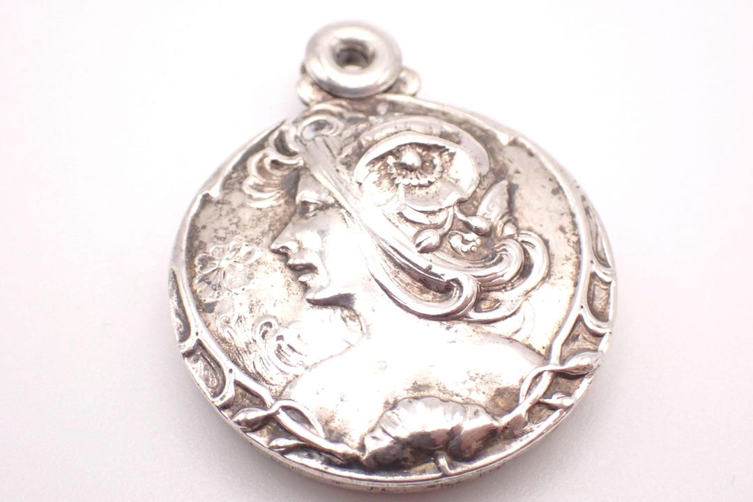 Antique Sterling Silver Plated Locket Pendant Slider Sliding Mirror Art ...