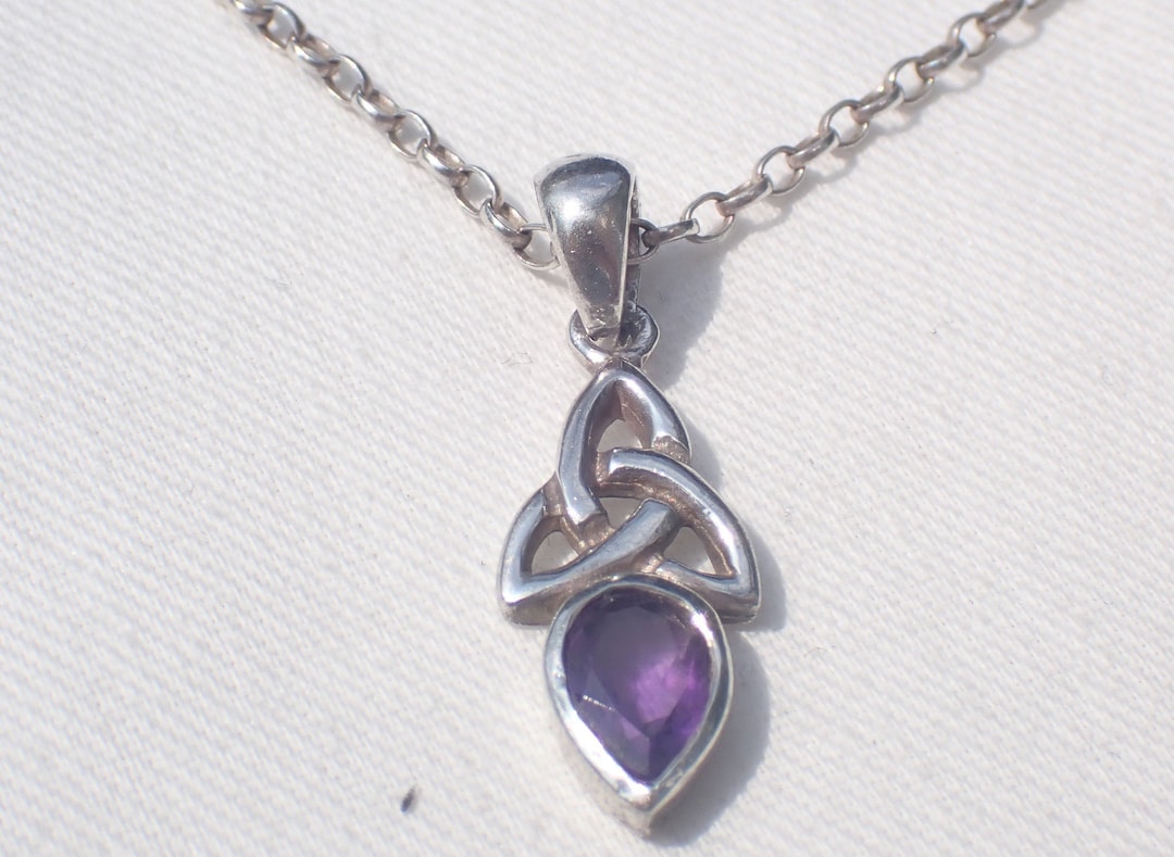 Vintage Sterling Silver Celtic Knot Tear Drop Amethyst Necklace Choker ...