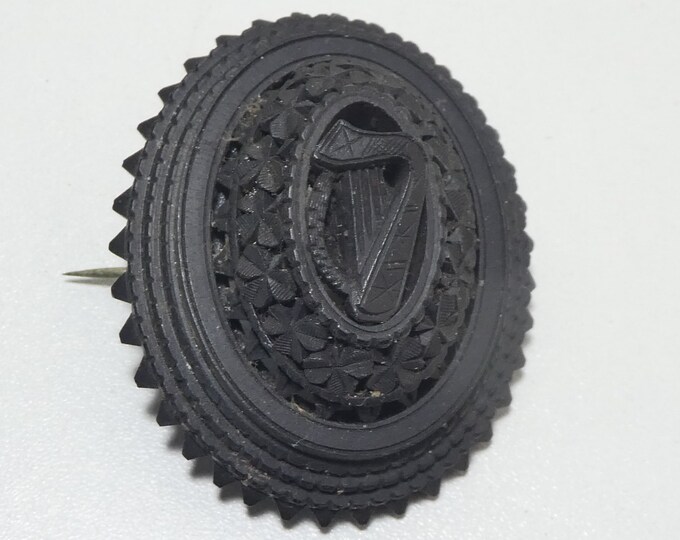 Victorian Antique Irish Bog Oak Hand Carved Harp & Shamrock Brooch ...