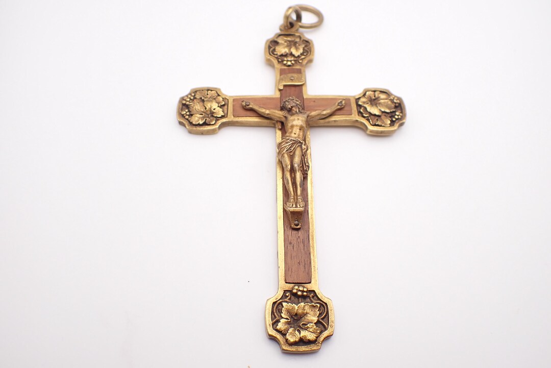 Large Antique Gilded Cruxifix Cross Jesus Piece Olive Wood Inlaid Wall ...