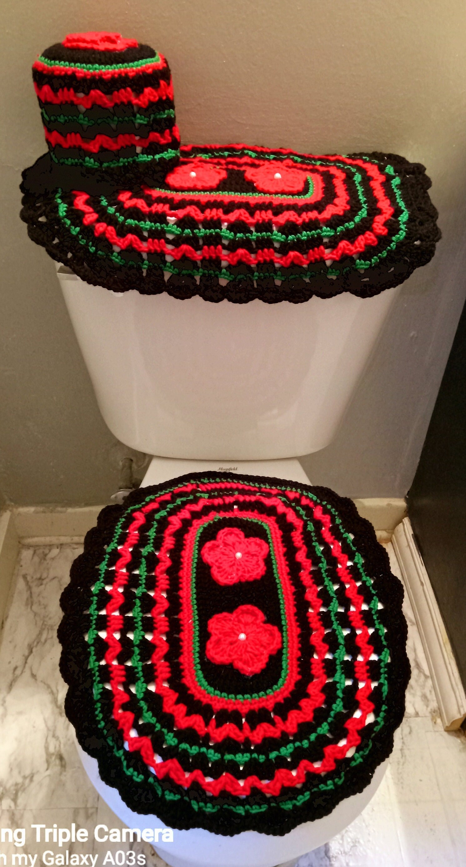 Crochet Bathroom Set Black With Red & Green Details. 3 Pieces: Water ...