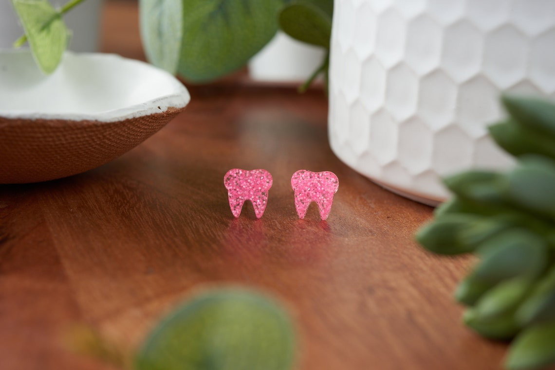 NEON PINK GLITTER | Tooth Earrings | Single Set | Dental Hygienist ...