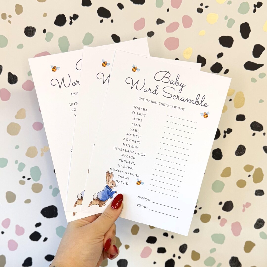 Peter Rabbit Baby Shower Word Scramble Game - A5 | Pack of 10 | Baby ...