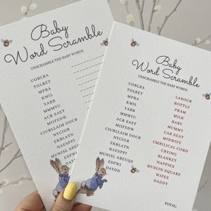 Peter Rabbit Baby Shower Word Scramble Game - A5 | Pack of 10 | Baby ...