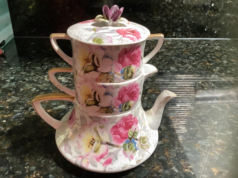 Lefton Hand Painted Stackable Tea Set. 4 Pc. Tea for One. - Etsy