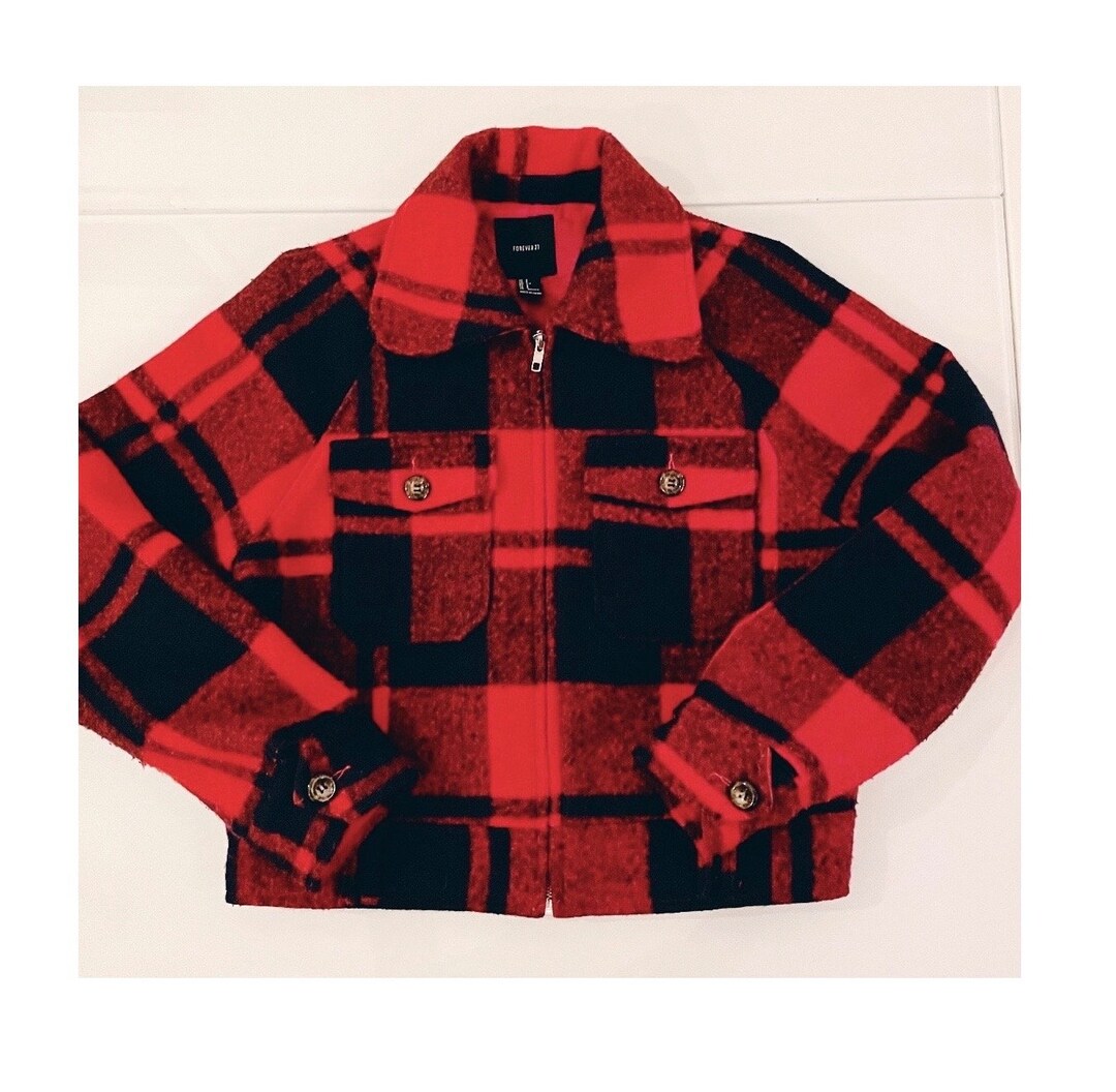 Plaid Wool Jacket, Size S, Red and Navy Short Jacket, Winter Coat ...