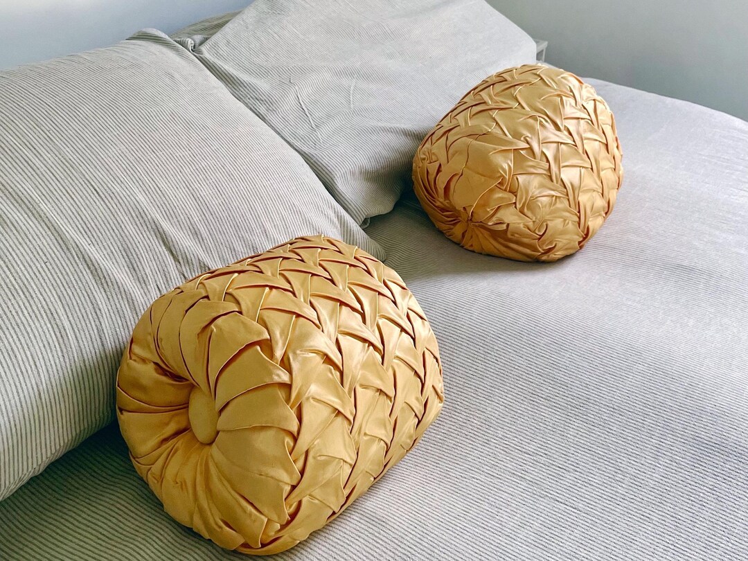 1950s Cushions, Pair of Round Gold Pillows With Satin Weave, Midcentury ...