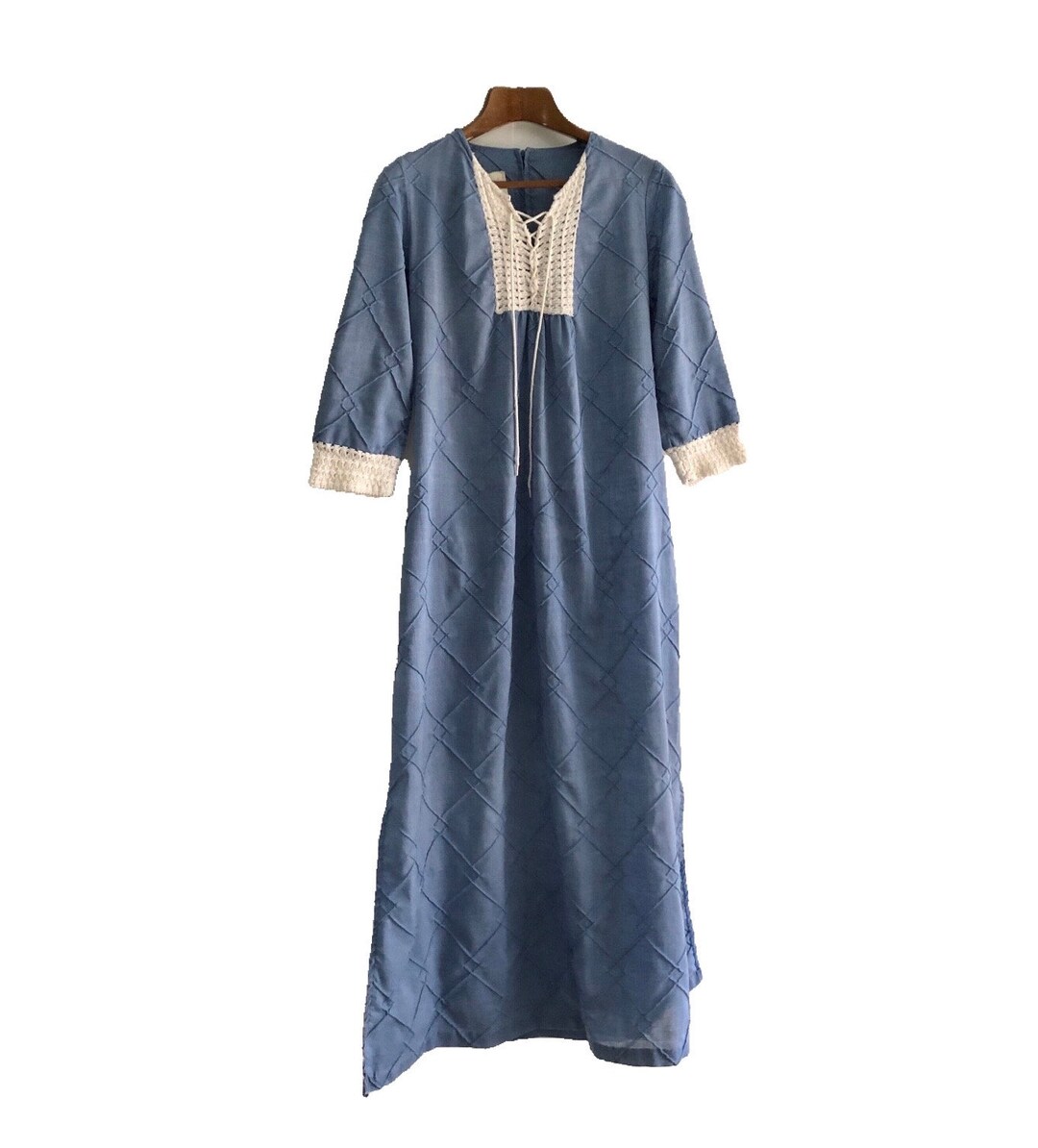 1960s Boho Dress, Blue With Crochet, Size M, Maxi Crochet Dress ...