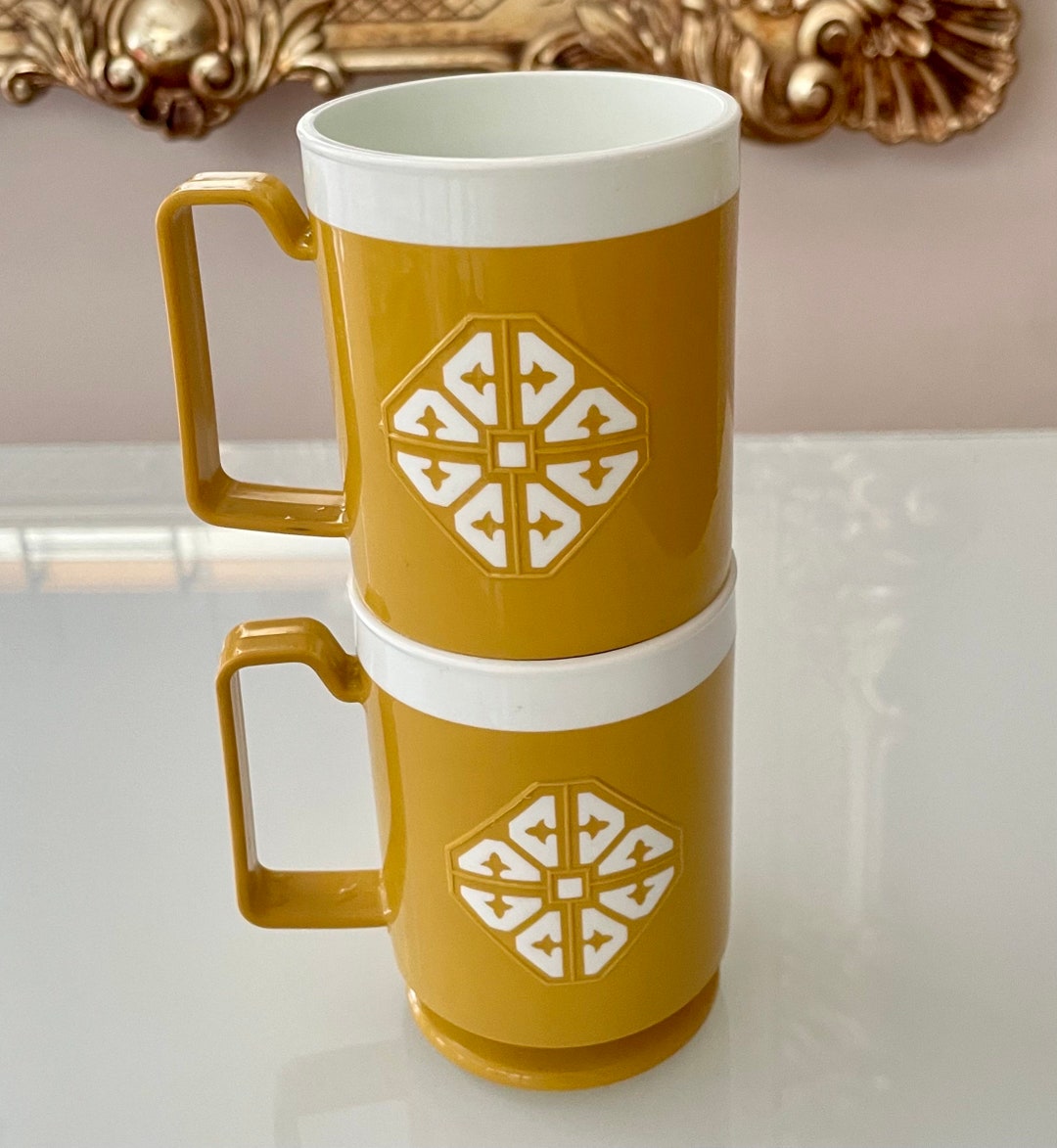 1970s Mugs, Set of 2 Stacking Mustard Yellow, Vintage Plastic Cups ...