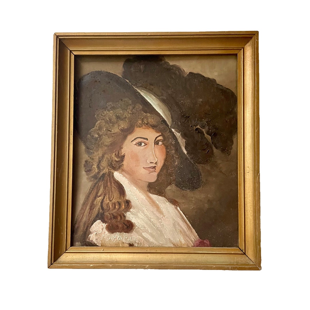 Vintage Portrait Painting, Woman in Hat, Canvas Wall Art, Large Framed ...