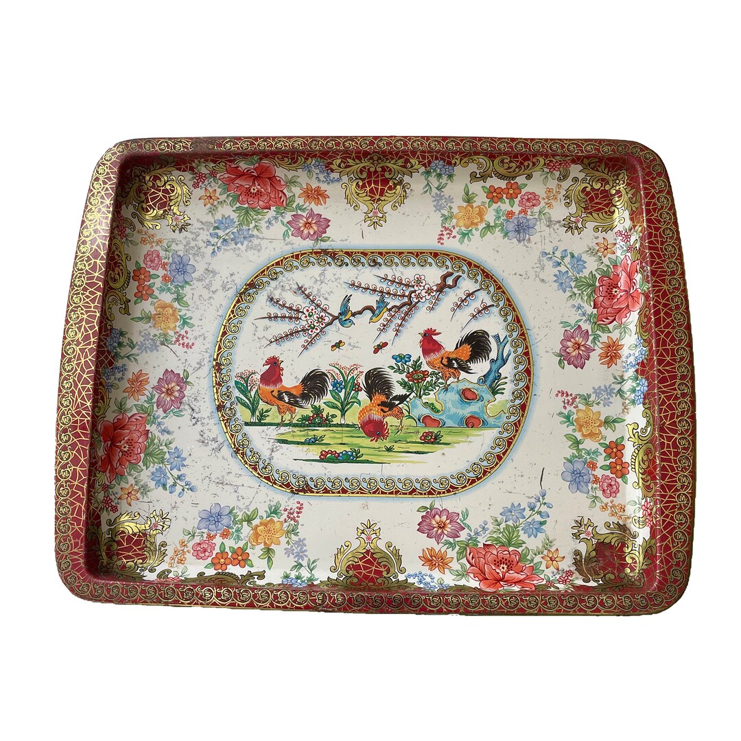 Vintage Serving Tray, Daher Decorated Ware, Rooster Tray Floral Design ...