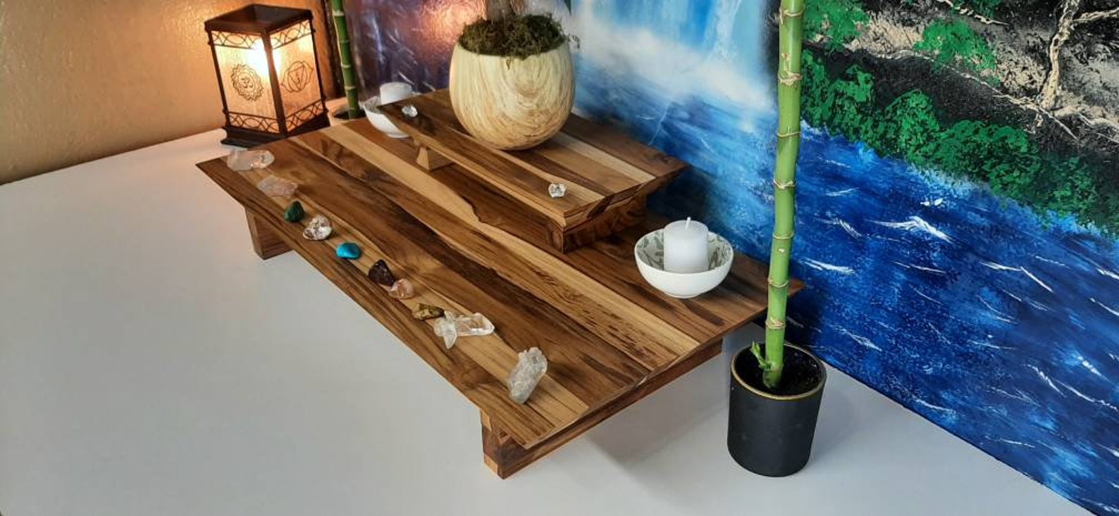 2 Altar Table Set, 2 Tier Altar Tables, Teak Wood, Crystal Shelf, Small ...