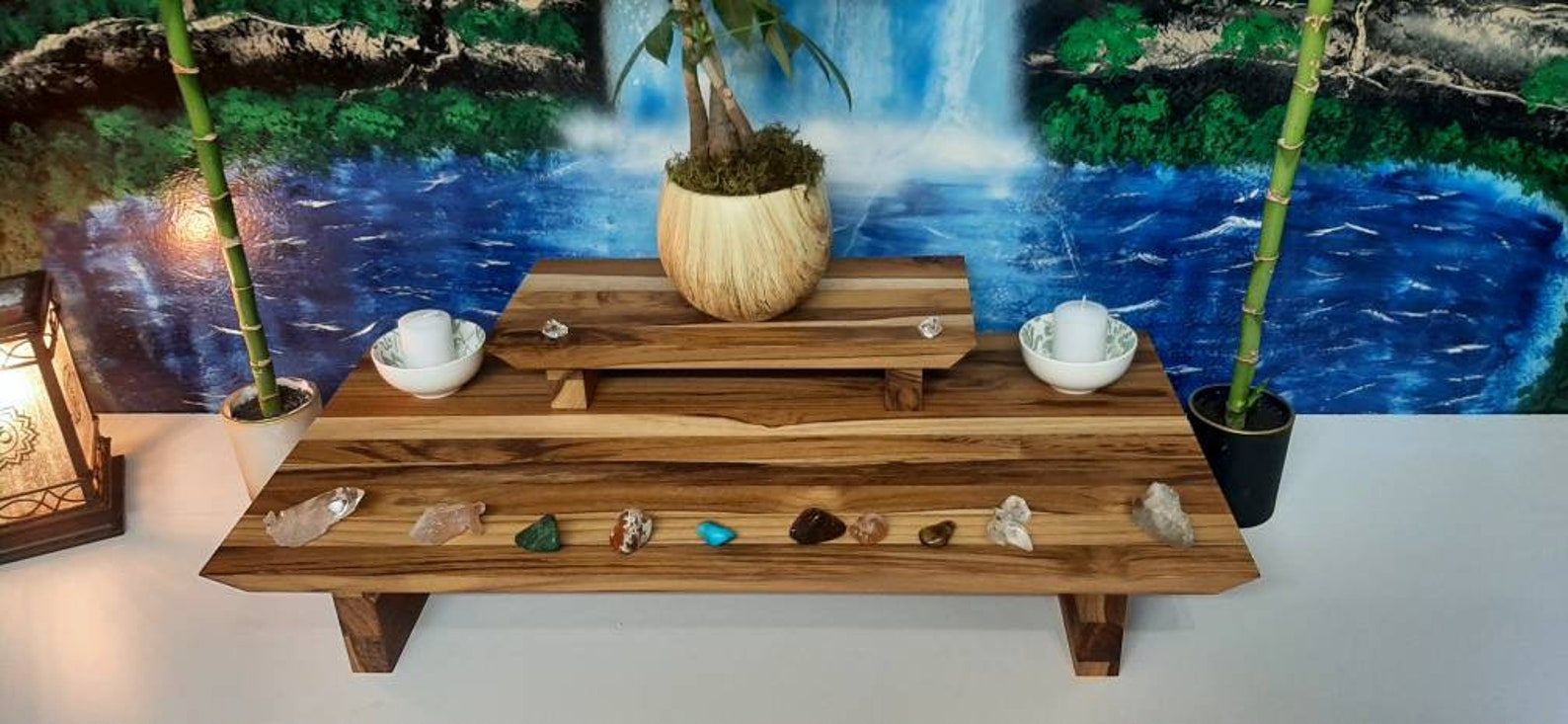 2 Altar Table Set, 2 Tier Altar Tables, Teak Wood, Crystal Shelf, Small ...