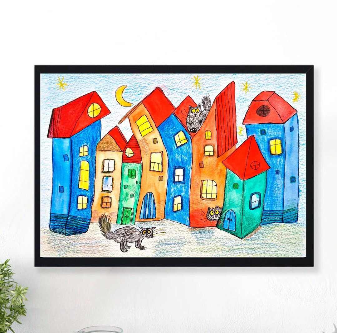House Drawing Original Artwork, Watercolor Painting Fairytale Wall Art ...