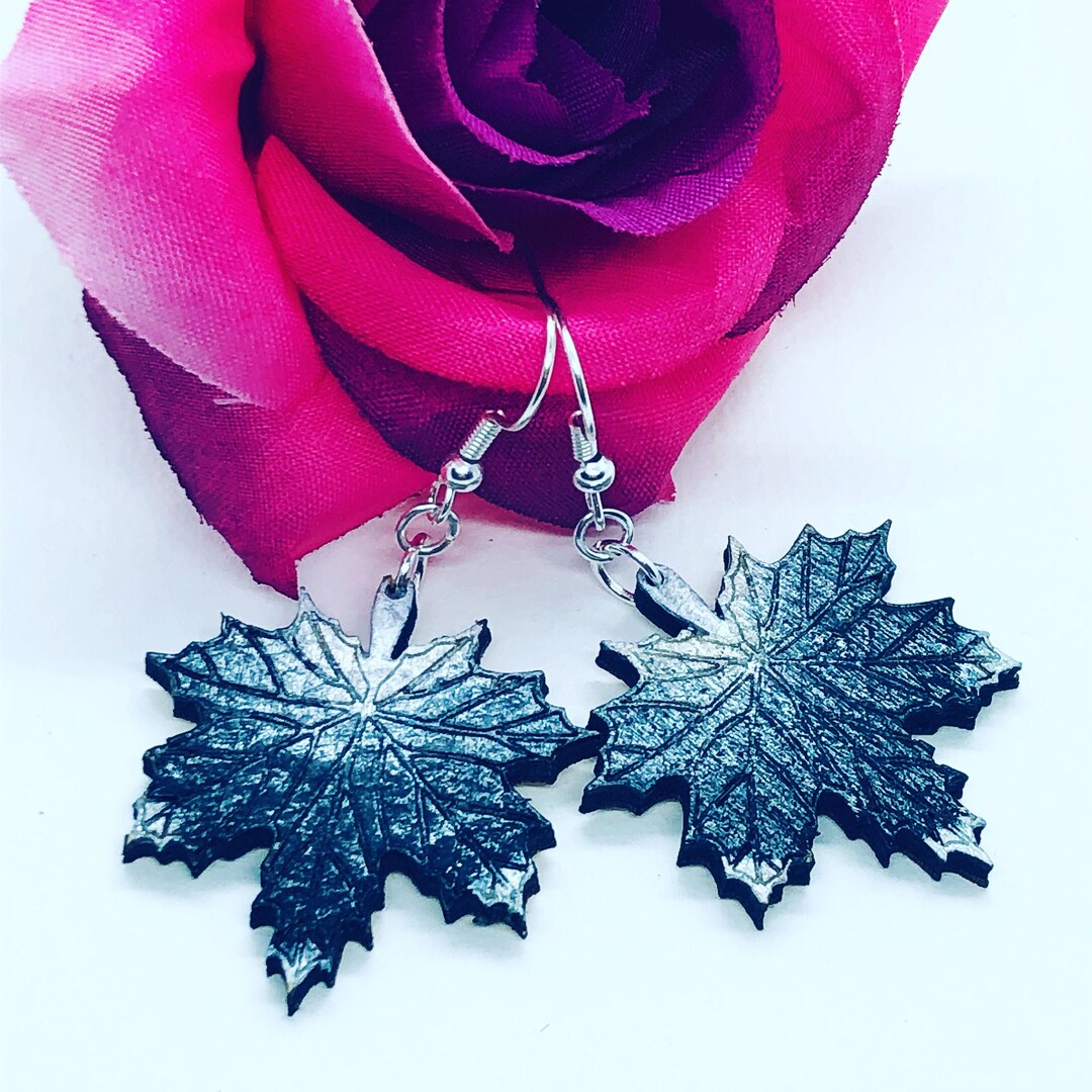 Dark Maple Leaf Goth Earrings for Women, Hand Painted Mahogany Wood ...