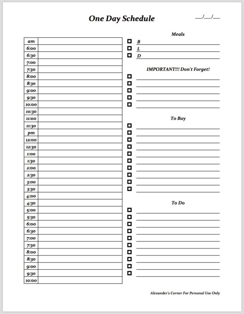 ONE DAY Schedule/planner on 1 Page Blank/undated - Etsy