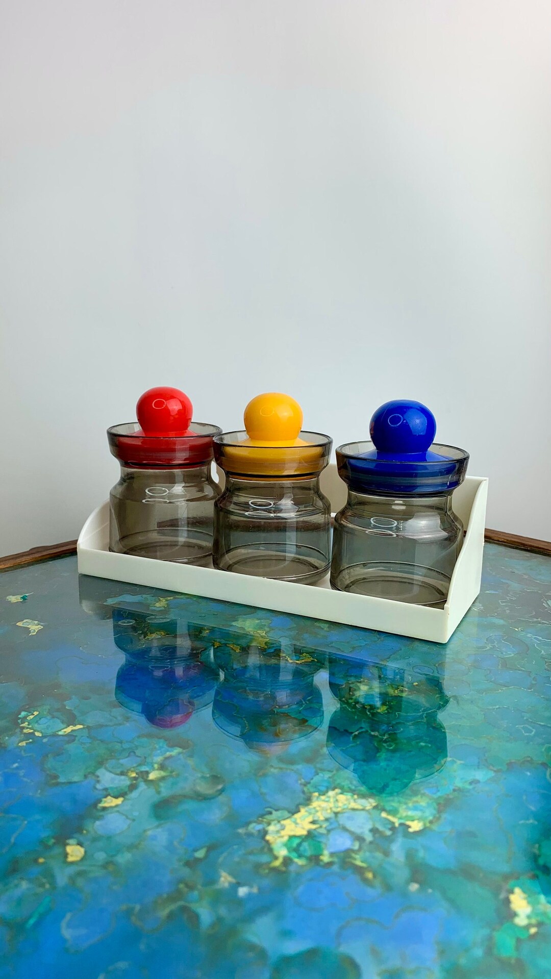 Vintage Plastic Storage Jar Set With Wall Hanging Rack Set of 3 Jars ...