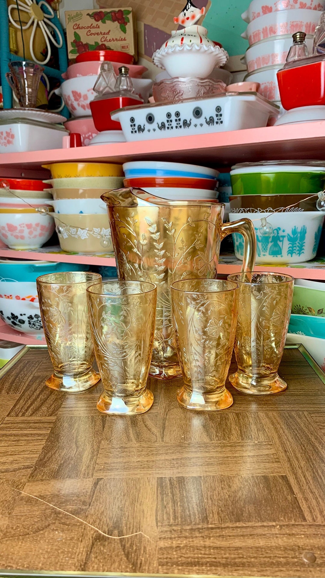 5 Pc Set Vintage Jeannette Glass Floragold Louisa Pattern Ice Lip ...