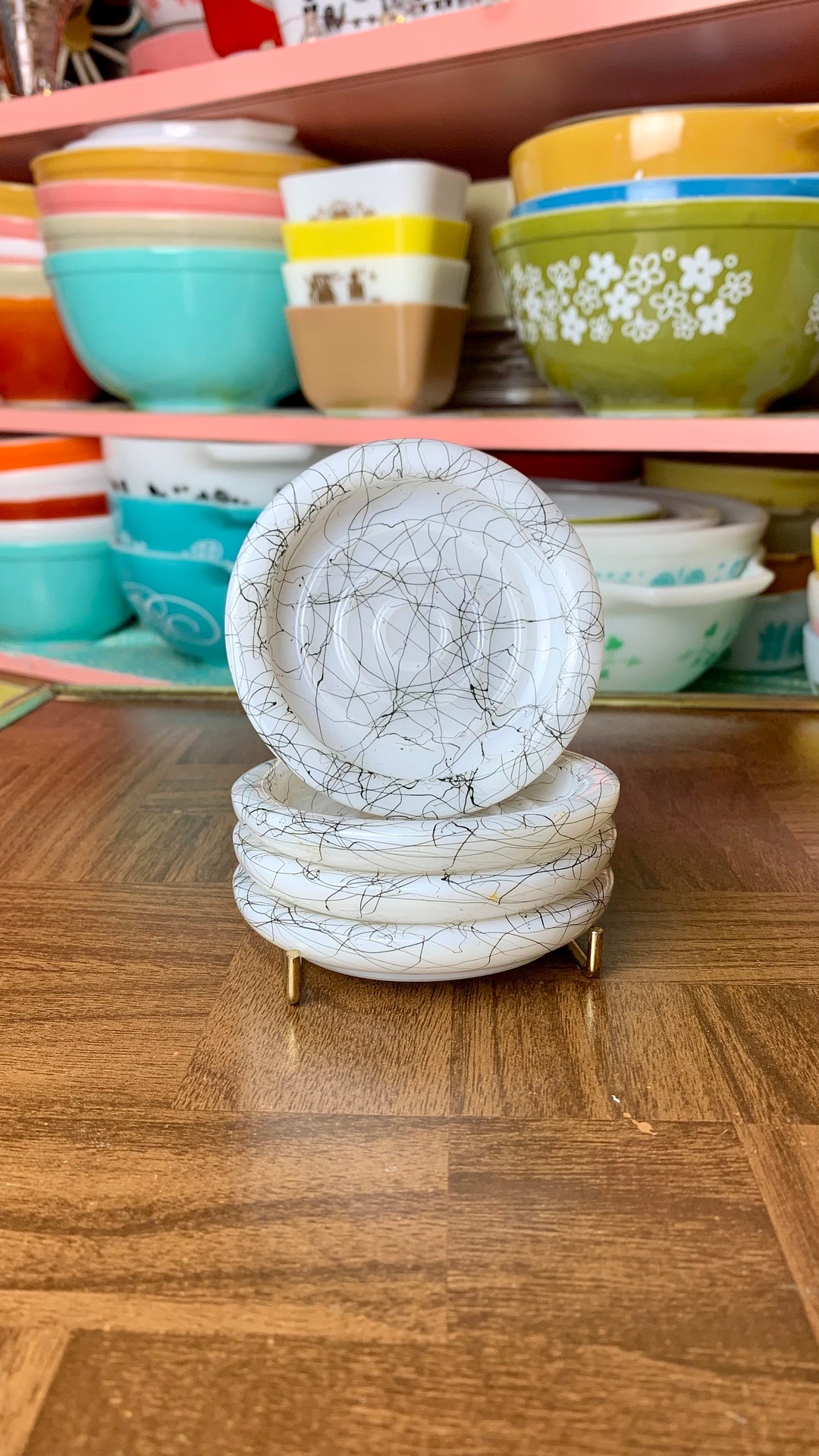 Set of Four Milk Glass Coaster With Black Spaghetti String Pattern ...