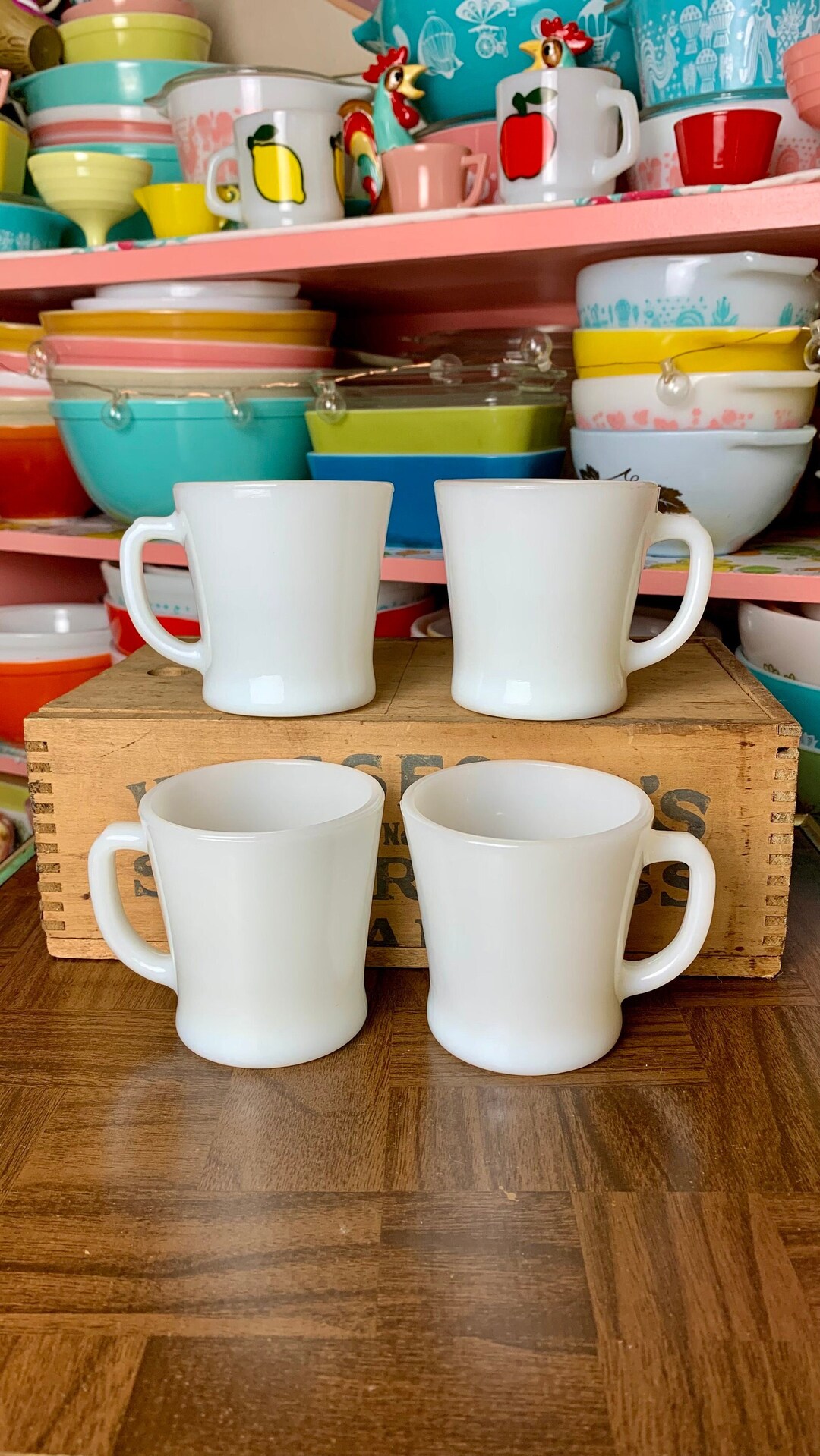 Set Of 4 Vintage Plain White Milk Glass Fire King D Handle Coffee Mugs Retro Kitchen Vinyl Decal