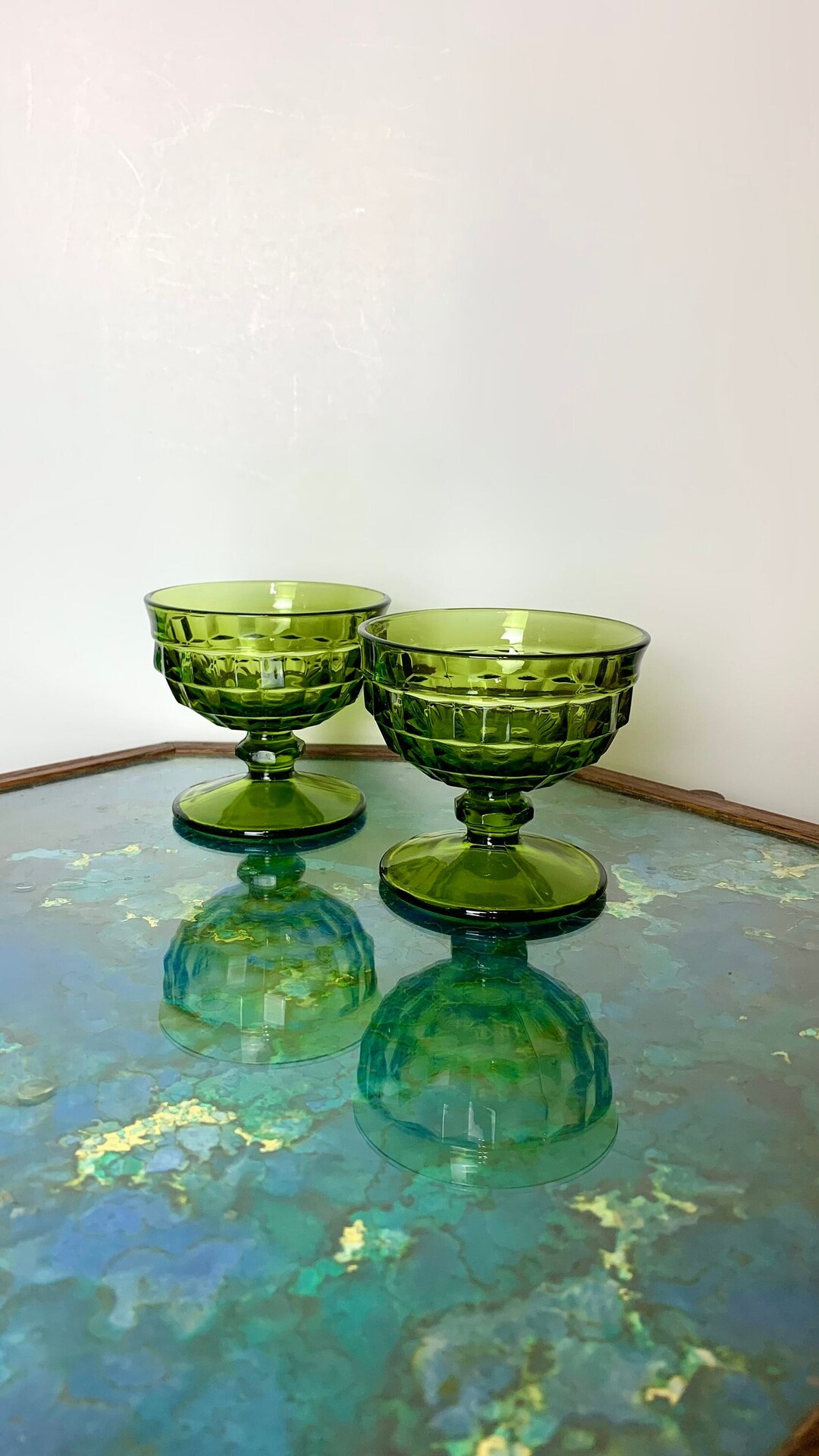 Vintage Indiana Glass Whitehall Cubist Avocado Green Sherbet Glasses 1 ...