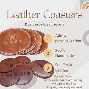 Personalized Leather Coaster Set: Handmade Full Grain Leather, Company ...