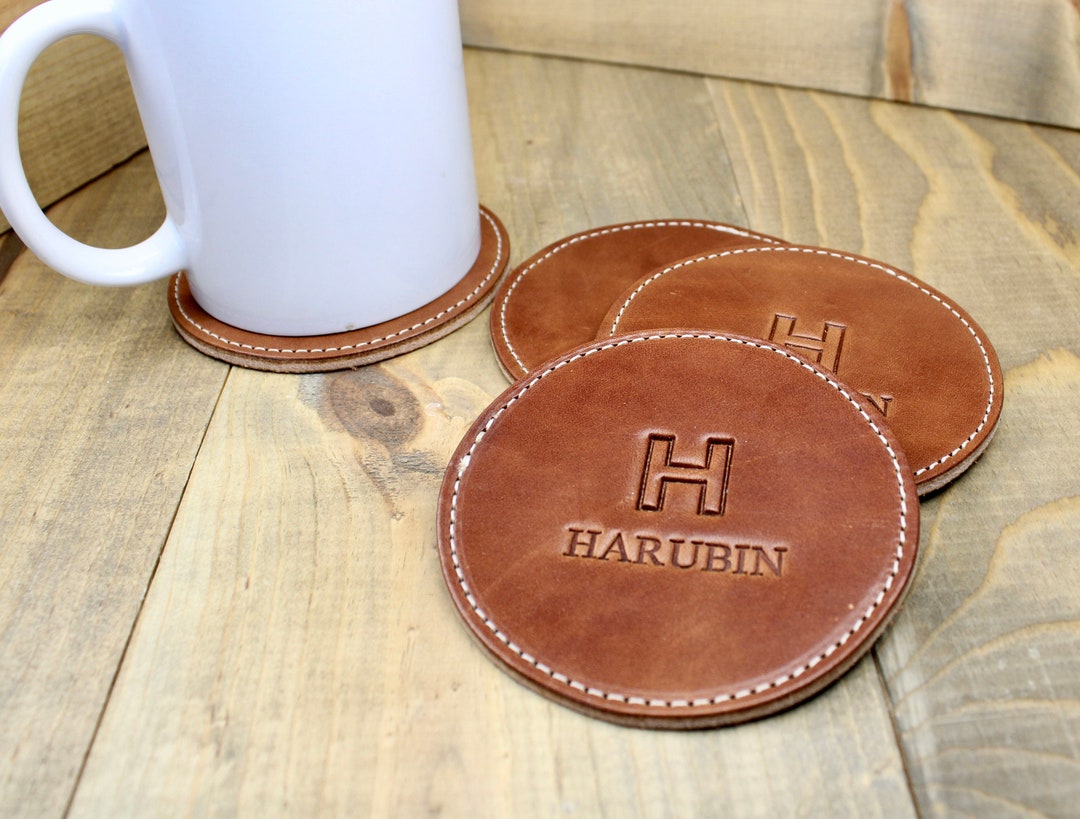 Personalized Leather Coaster Set: Handmade Full Grain Leather, Company ...