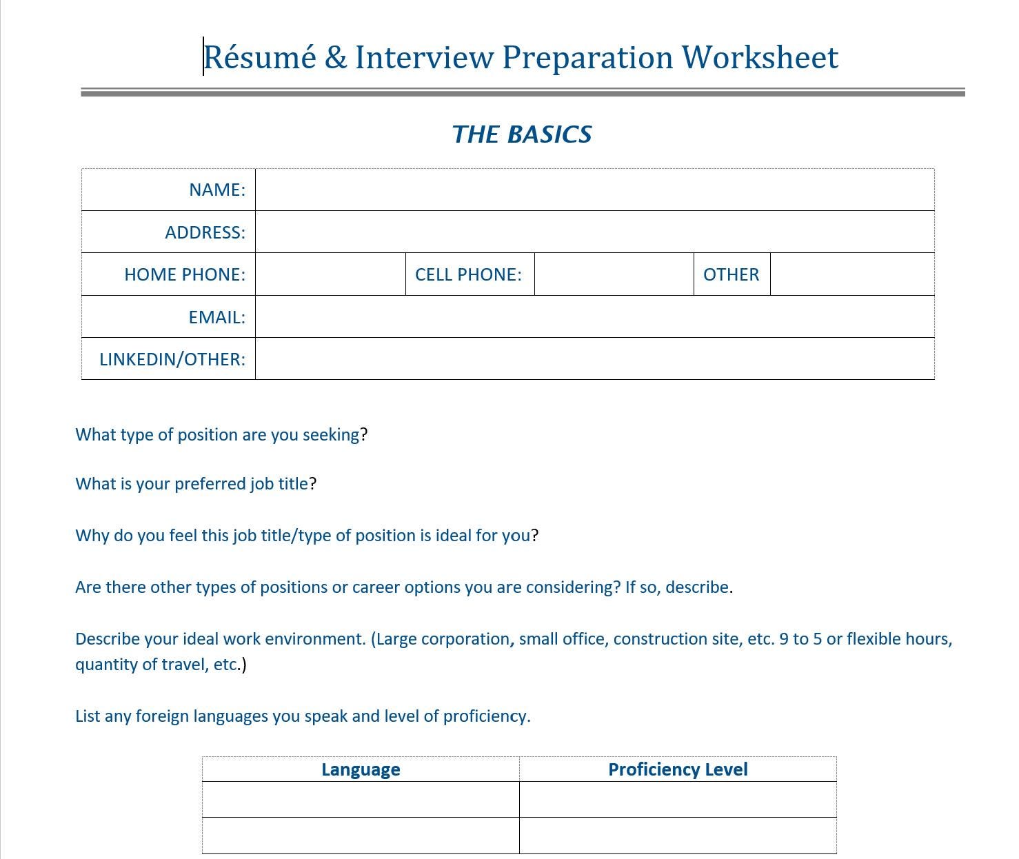 Resume Building Worksheets: Job Interview Prep, Resume Verbs (PDF ...