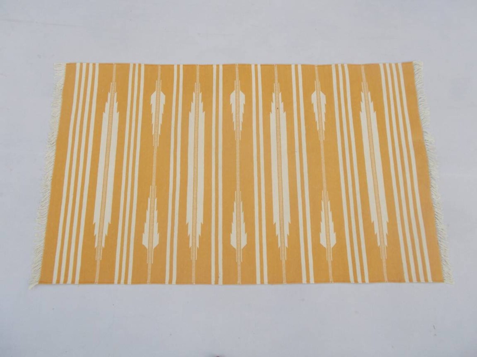 Multiple Sizes Yellow and White Stripes Handmade Cotton Rug Dhurrie ...