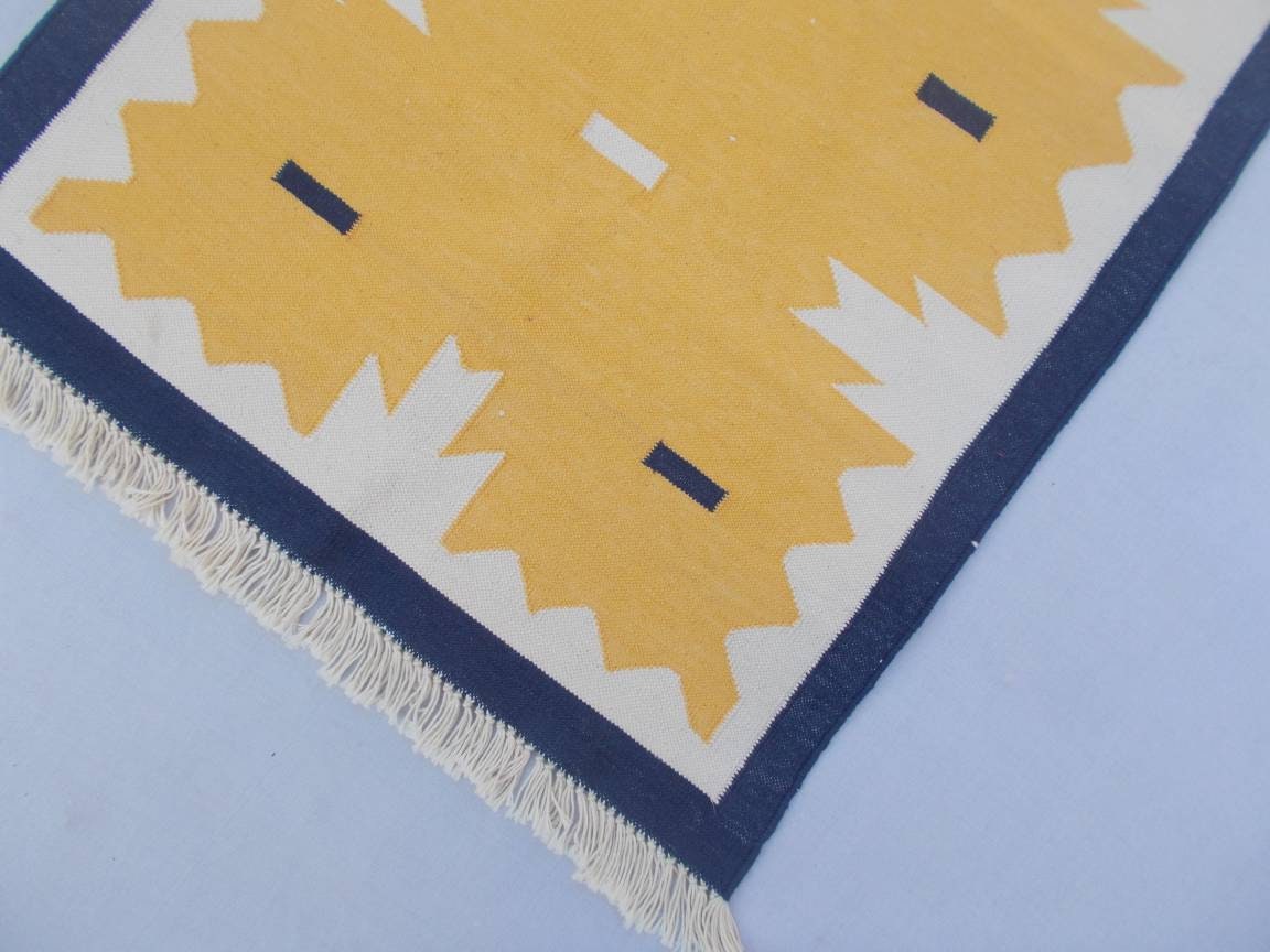 Multiple Sizes Yellow Runner Rug - Navy Blue Border and White Cotton ...
