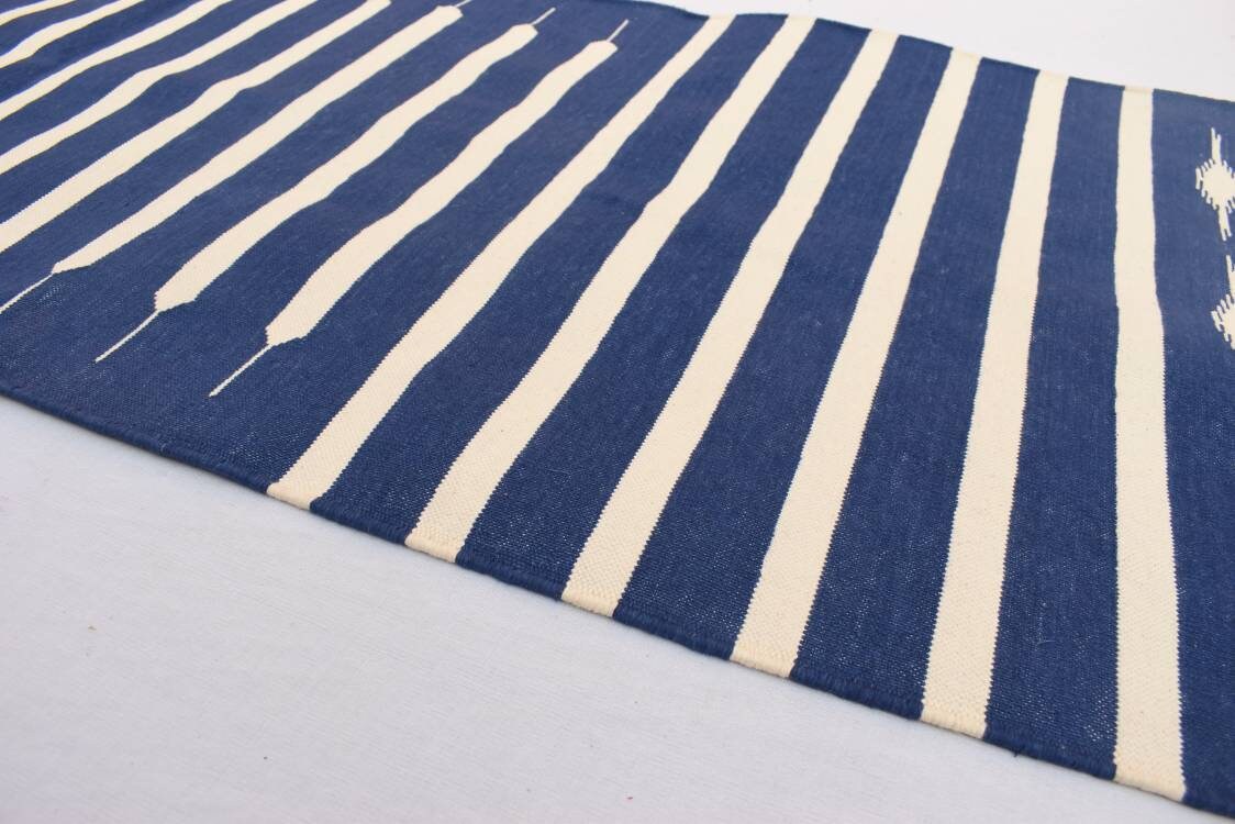 Multiple Sizes Navy & White Modern Striped Rug Runner- Dark Navy and ...