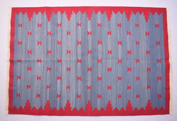 Multi Sizes Cotton Blue and Red Handmade Modern Design Rug. | Etsy