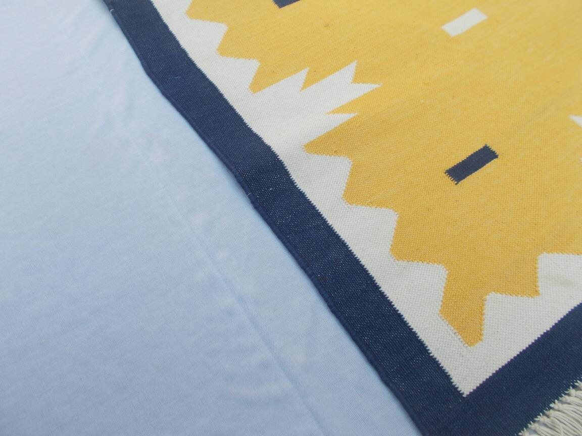 Multiple Sizes Yellow Runner Rug - Navy Blue Border and White Cotton ...