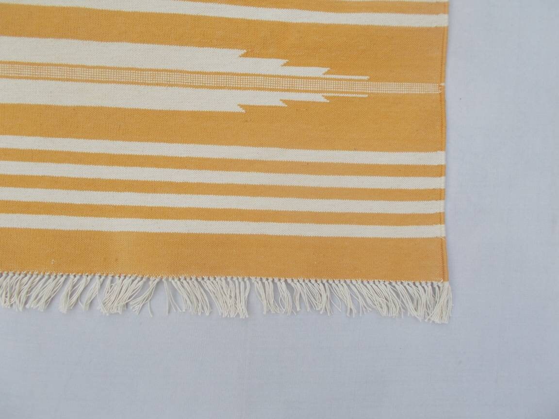 Multiple Sizes Yellow and White Stripes Handmade Cotton Rug Dhurrie ...