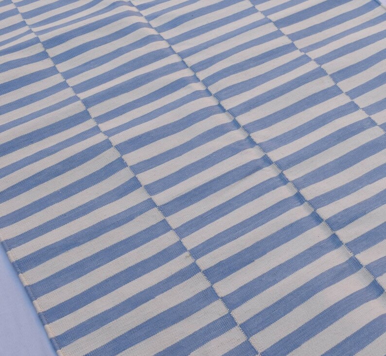 Light Blue & White Cotton Handmade Modern Stripes Rug- Flat Weave and ...