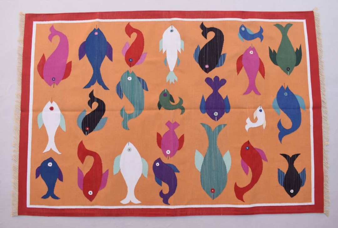 4'x6' Cotton Fish Design Hand Woven Kilim Rug- Reversible Cotton Rug ...