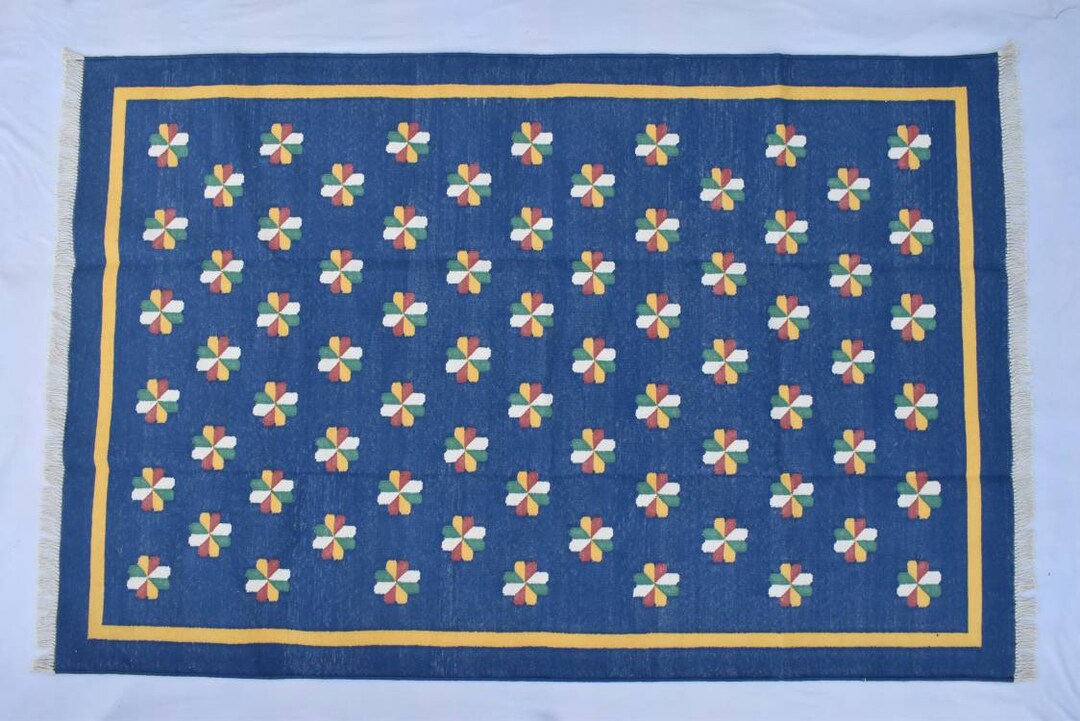 Multiple Sizes Indigo Blue Cotton Handmade Flower Design Rug- Flat ...