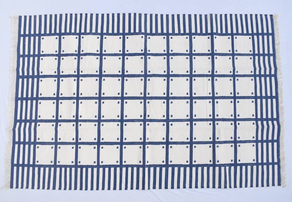 Off White and Navy Blue Cotton Handmade Modern Pattern Rug - Etsy