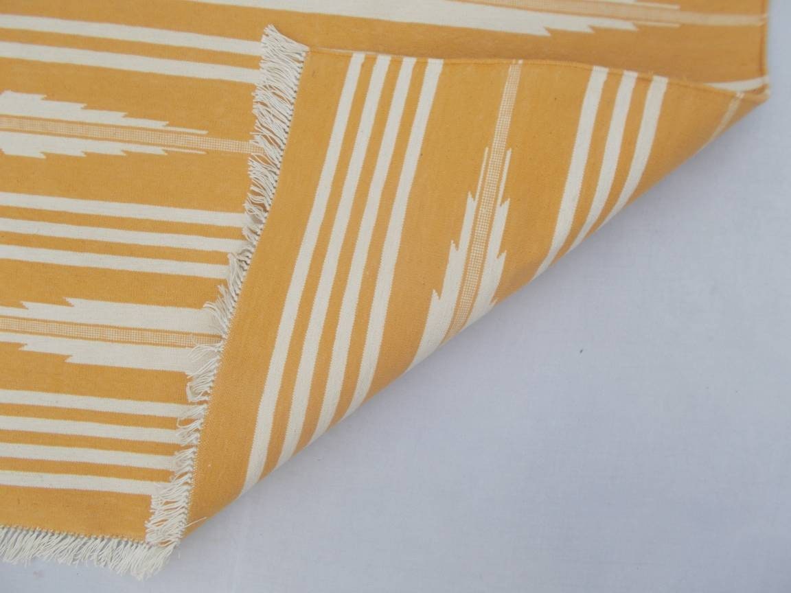 Multiple Sizes Yellow and White Stripes Handmade Cotton Rug Dhurrie ...