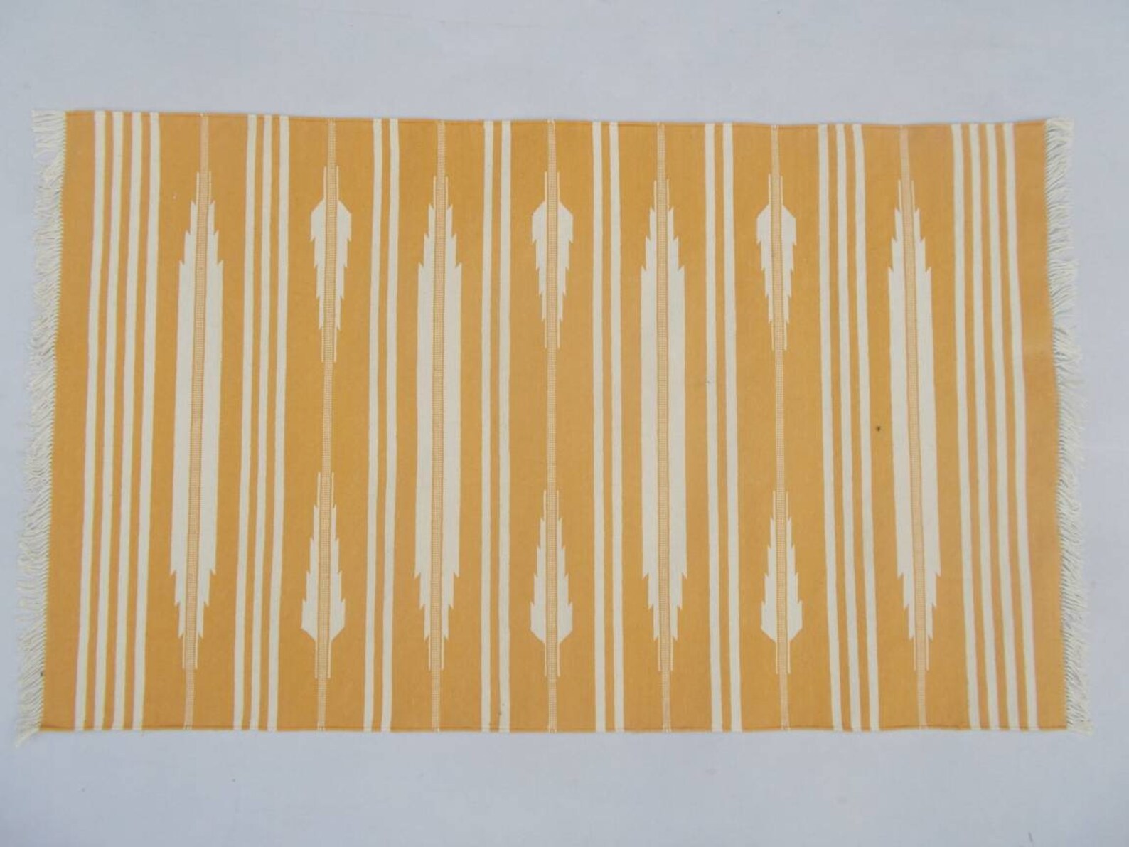 Multiple Sizes Yellow and White Stripes Handmade Cotton Rug Dhurrie ...