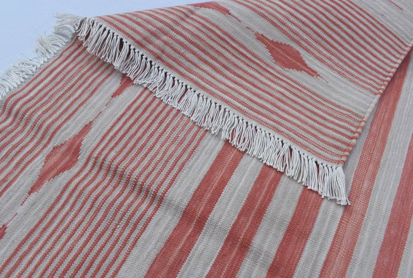 Rustic Beige and Red Cotton Handmade Modern Stripes Rug Flat | Etsy