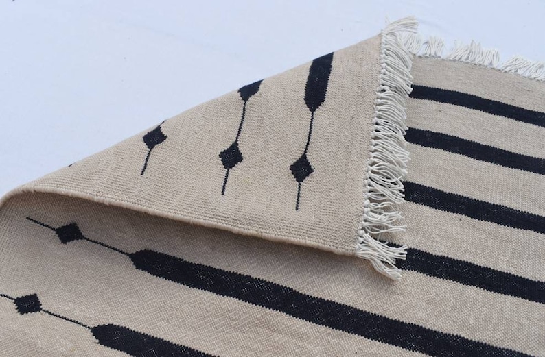 Beige and Black Modern Striped Cotton Flat Weave Hand Woven | Etsy