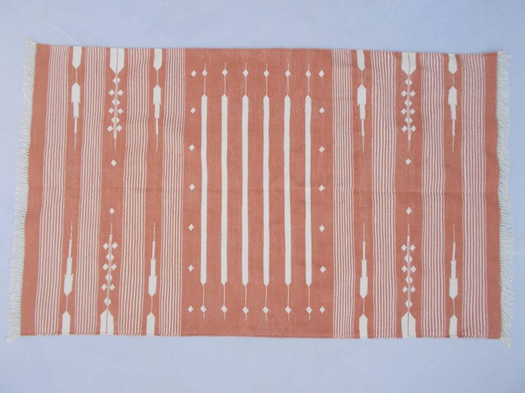 Multiple Sizes Peach and White Stripes Handmade Cotton Rug Dhurrie ...