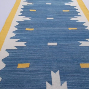 Multiple Sizes Runner Rug - Yellow Border With Blue Tie Dye Colour Hand ...
