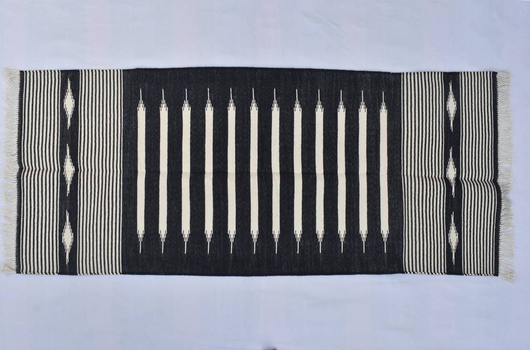 Cotton Black Cotton Runner Handmade Rug - Hand Woven Black and White ...