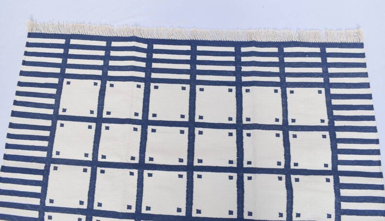 Off White and Navy Blue Cotton Handmade Modern Pattern Rug - Etsy