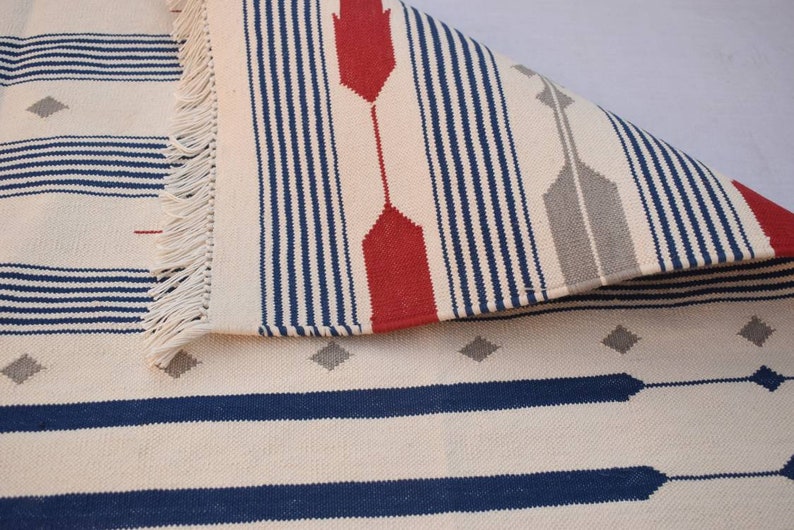 Off White With Blue,red and Grey Cotton Handmade Modern Stripes Rug ...