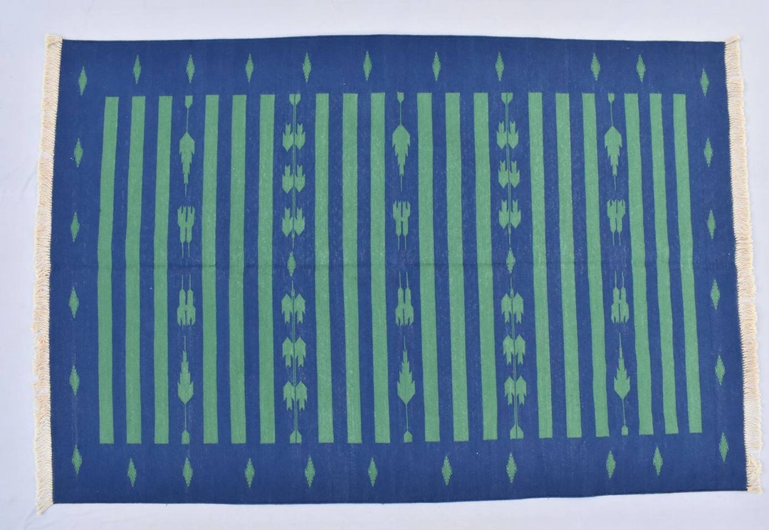Multiple Sizes Cotton Blue & Green Woven Modern Cotton Rug Dhurrie ...