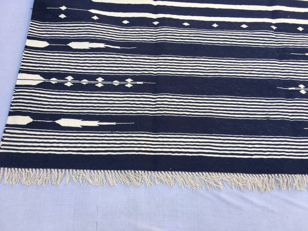 8x10 Dark Navy Blue Stripes Cotton Rug Dhurrie Room Size Rug | Etsy